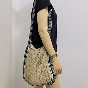 Fairy Grunge Knitted Shoulder Bags Y2K Fairycore Tote Bag Aesthetic Crochet Hobo Crossbody Bag Indie Purse Accessories (Beige)