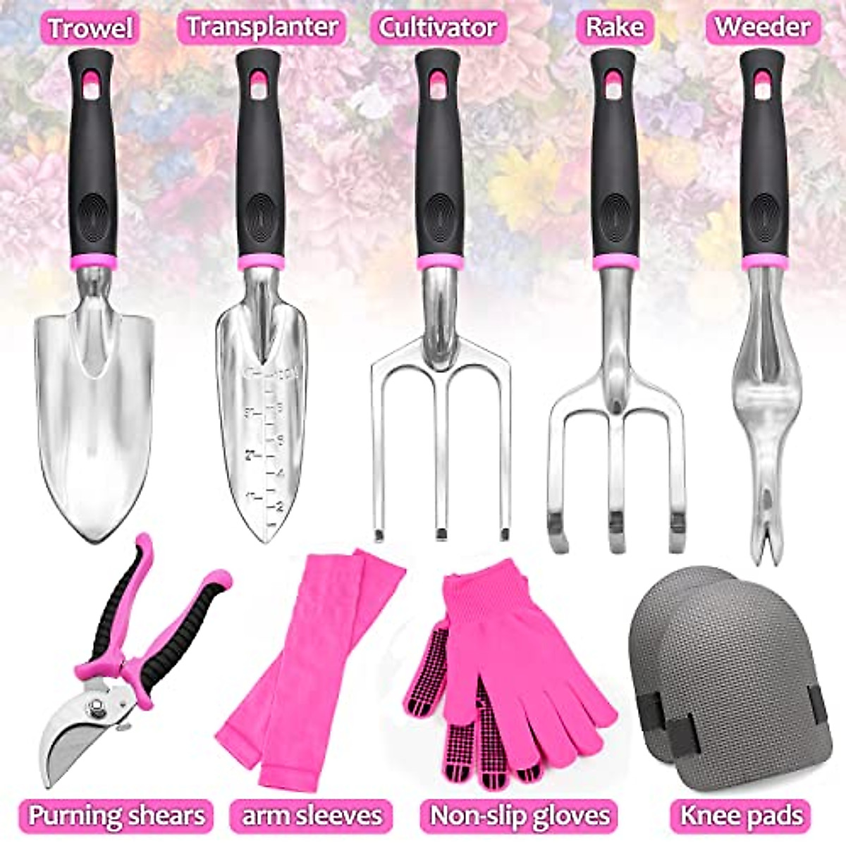 Garden Tool Set，10 Piece Pink Gardening Gifts for Women,with 2 in 1 Detachable Storage Bag, Trowel, Transplanter, Rake, Weeder, Cultivator, Purning Shears and 3 Additional Protection Tools(LANNIU)