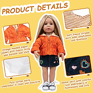 Rakki Dolli Doll Clothes Set Fashion 4 Pieces includes Warm Hooded Coat, T-Shirt, Jeans Skirt & Underpants, Handmade Party Dress Casual Wear Fits 18 Inch American Girls Dolls 004