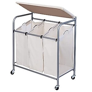 Triple Laundry Sorter with Ironing Board, 3-bin, Locking wheels, Natural