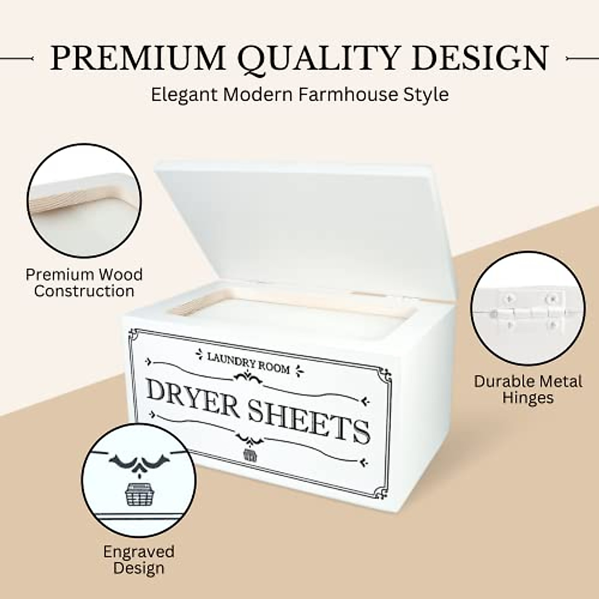 Farmhouse Dryer Sheet Dispenser/Holder Box with hinged Lid - Rustic Farmhouse Laundry Room Organizer - Fabric Softener Dispenser - Storage Container