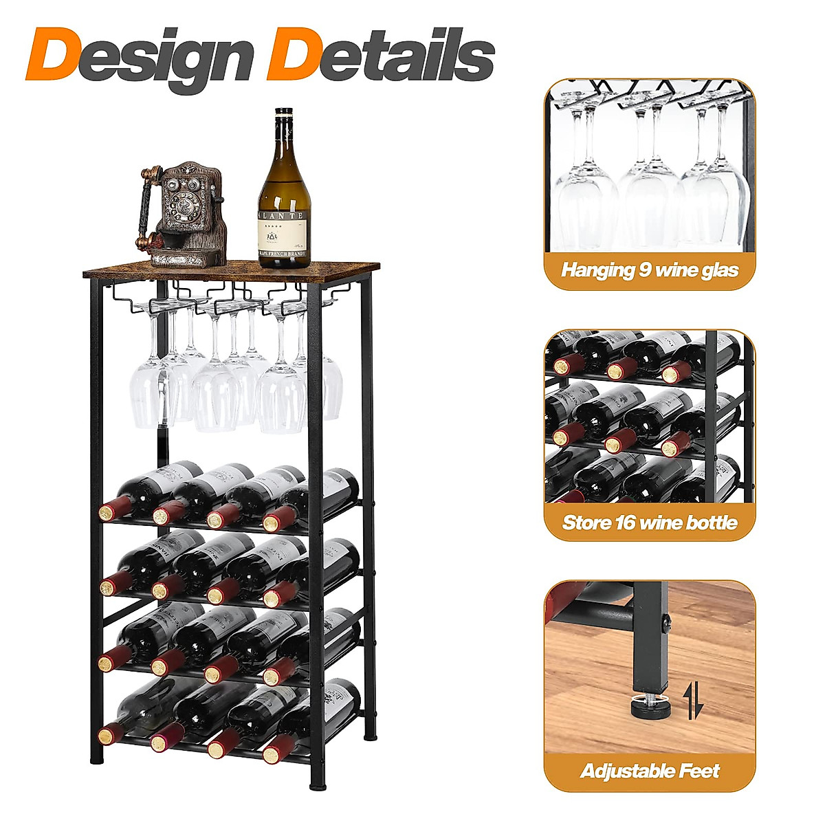 Wine Rack Table, FreeStanding Wine Bar Rack, Wine Bar Cabinet with GlassBottle Holder, Metal and Wood Industrial Wine Cabinet for Home, Floor Liquor Wine Cabinet Storage, for Bar Kitchen Dining, Brown