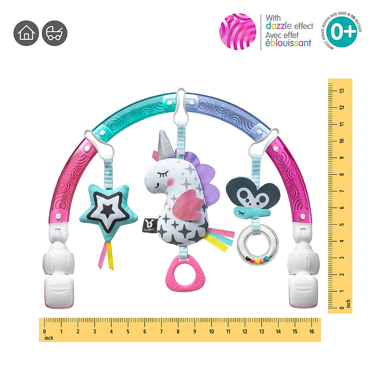 BENBAT Baby Stroller Arch Toy Rainbow Dazzle Friends Play Bar. Fun Newborns Sensory Activity, Adjustable for Bouncers and Car Seat, Unicorn