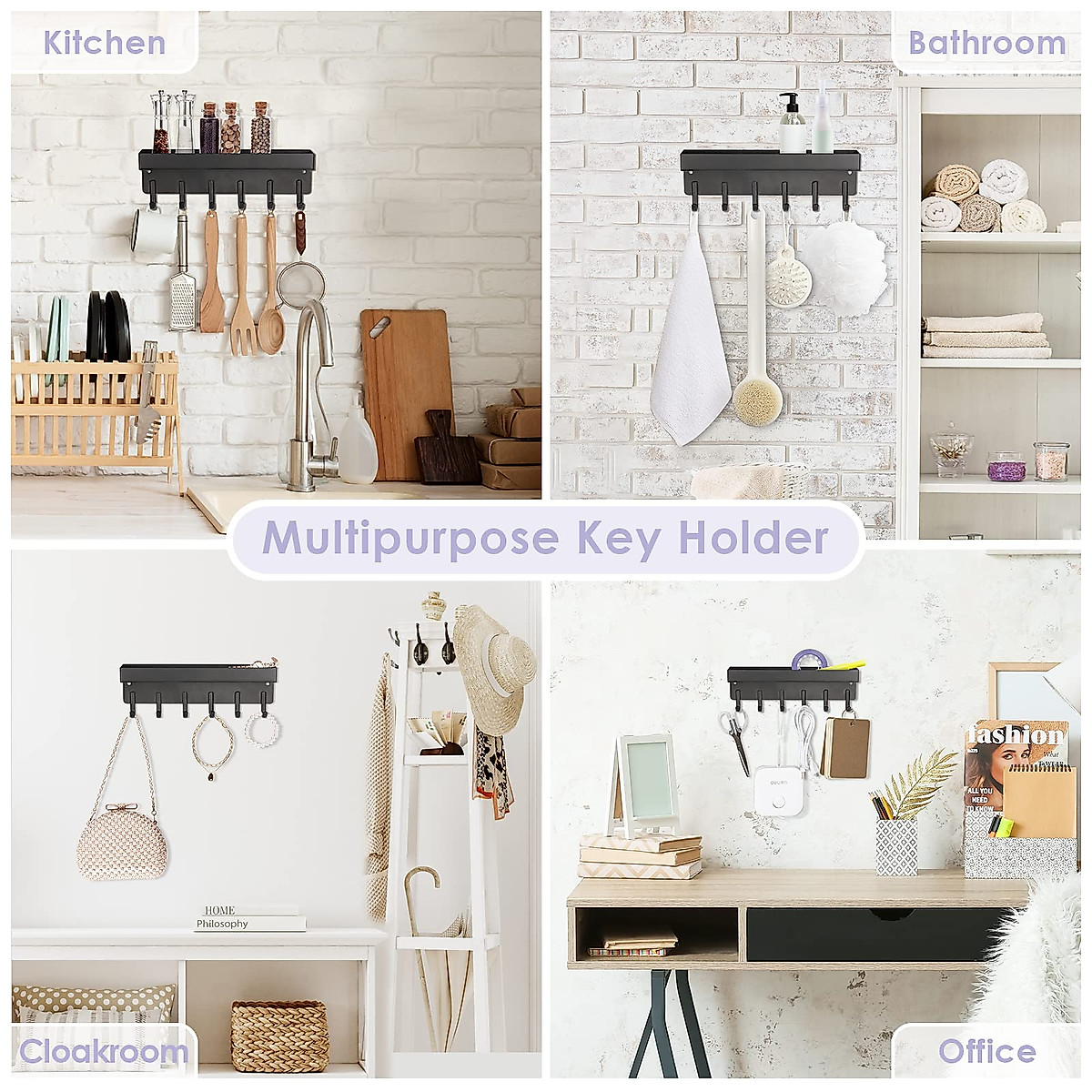 VIS'V Key Holder Wall Mount, Matte Black Stainless Steel Key Mail Holder Small Key Rack with Tray Adhesive Key Hanger Mail Storge Organizer with 6 Key Hooks for Entryway Hallway Doorway