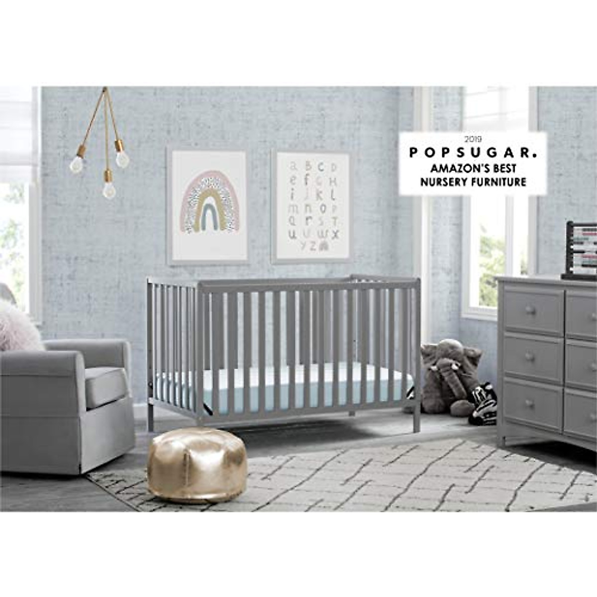 Delta Children Heartland 4-in-1 Convertible Crib, Grey with Twinkle Stars Crib & Toddler Mattress