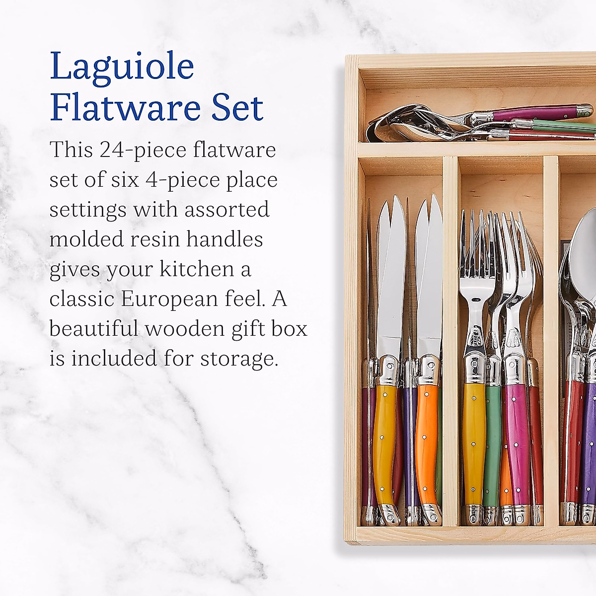 Jean Dubost Laguiole 24-Piece Everyday Flatware Set, Fruity Handles - Rust-Resistant Stainless Steel - Includes Wooden Tray - Made in France