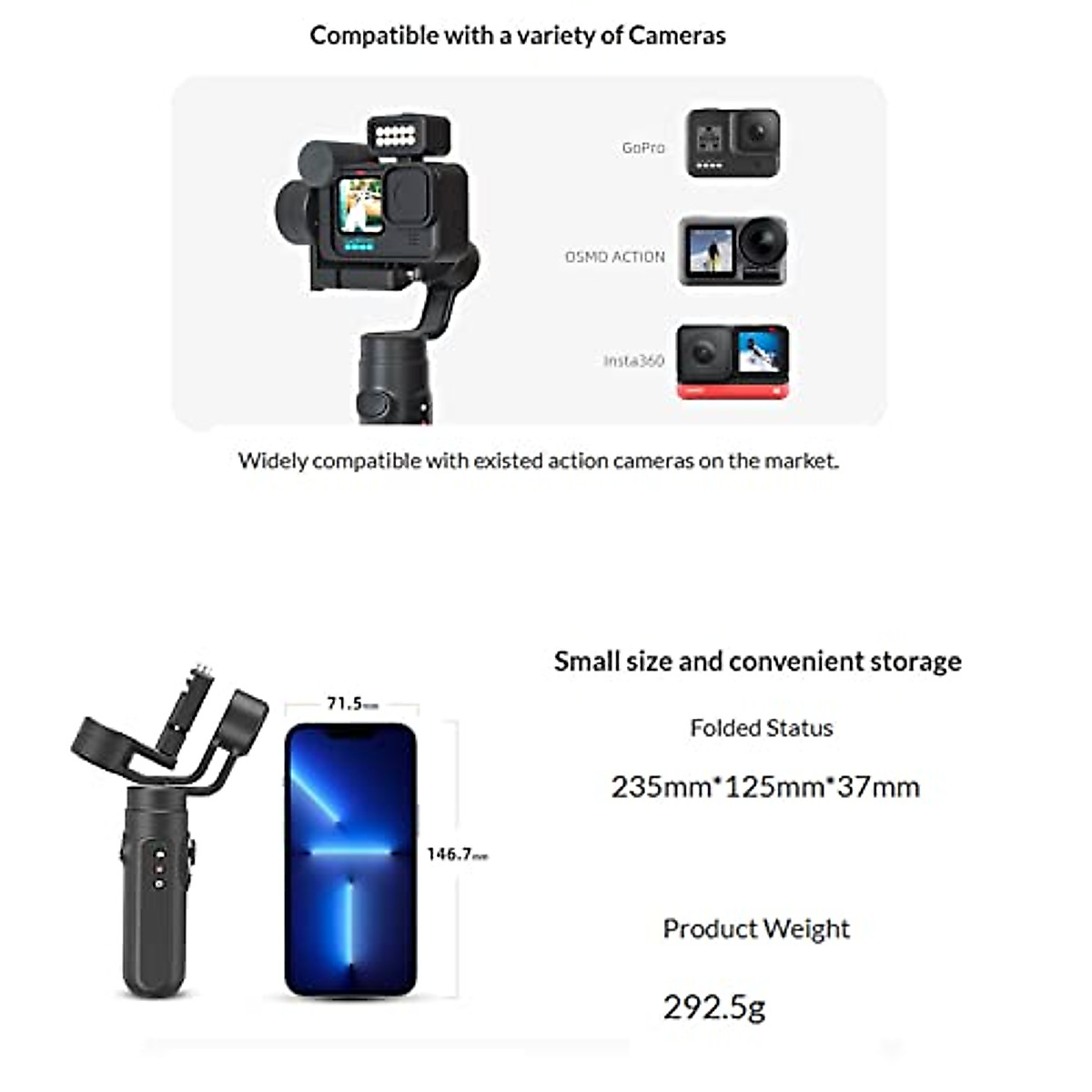 Universal Gimbal Stabilizer for GoPro Hero 10/9/8/7/6/5 Osmo Action Insta360 Sport Camera 3-Axis Anti-Shake Wireless Control Handheld w/ Tripod Stand Original Screw Mounting Plate INKEE Falcon Plus