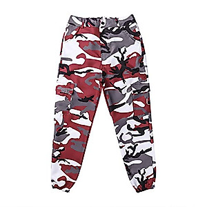 FULA-bao Women High Waist Cargo Pants Casual Active Loose Fit Military Multi-Pockets Hip Hop Jogger Pants Trousers (Camo Wine Red, XXL)