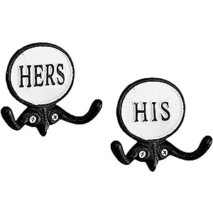 AuldHome His and Hers Towel Hooks (Set of 2); Cast Iron Rustic Farmhouse Decor Door Wall Hangers