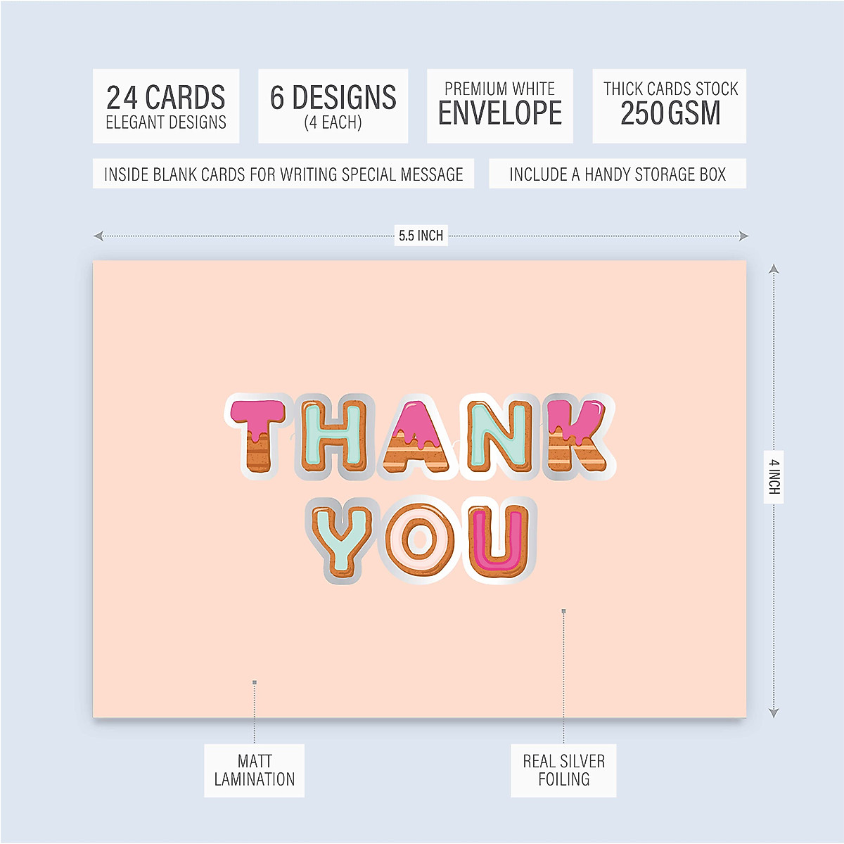 easykart labels 20 Thank You Cards with Envelopes, Premium Gold Foil Print, Blue Floral Thank You Cards for Baby Shower, Wedding, Bridal Shower, Small Business, 4”x 5.5” Folded, Blank Inside
