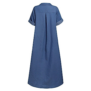 Denim Dresses for Women Long Maxi Dress Casual Denim Dress V-Neck Roll Sleeve Button Loose Summer Dress Plus Size