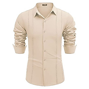 COOFANDY Men's Linen Shirts Casual Cuban Guayabera Shirt Long Sleeve Beach Shirts Beige