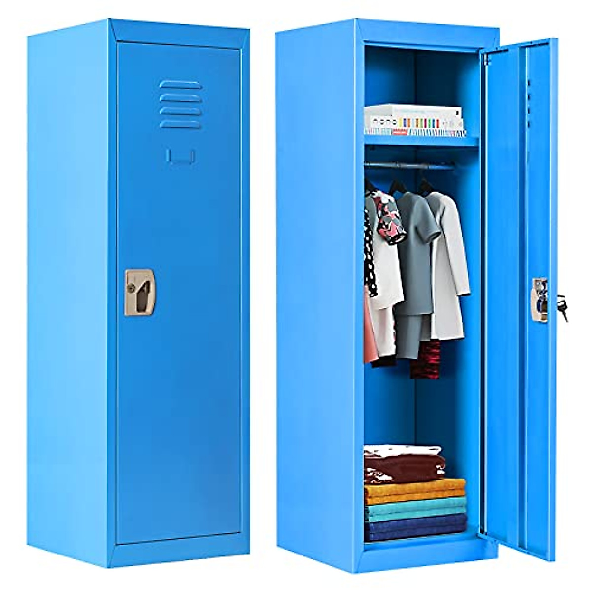 Costzon 48" Kids Locker Cabinet, Daycare Metal Coat Locker w/Hanging Rod & Shelf for Kids Room Bedroom School Classroom, 2-Tier Storage Locker w/ 2 Keys for Toys, Clothes, Sports Gear, Blue