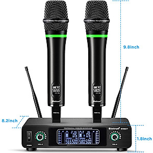 Bietrun Wireless Microphone, Rechargeable Metal Dual UHF Cordless Dynamic Handheld Microphone System for Home Karaoke, Meeting, Party, Church, DJ, Wedding(UHF 240ft Range)(Receiver with Bluetooth)