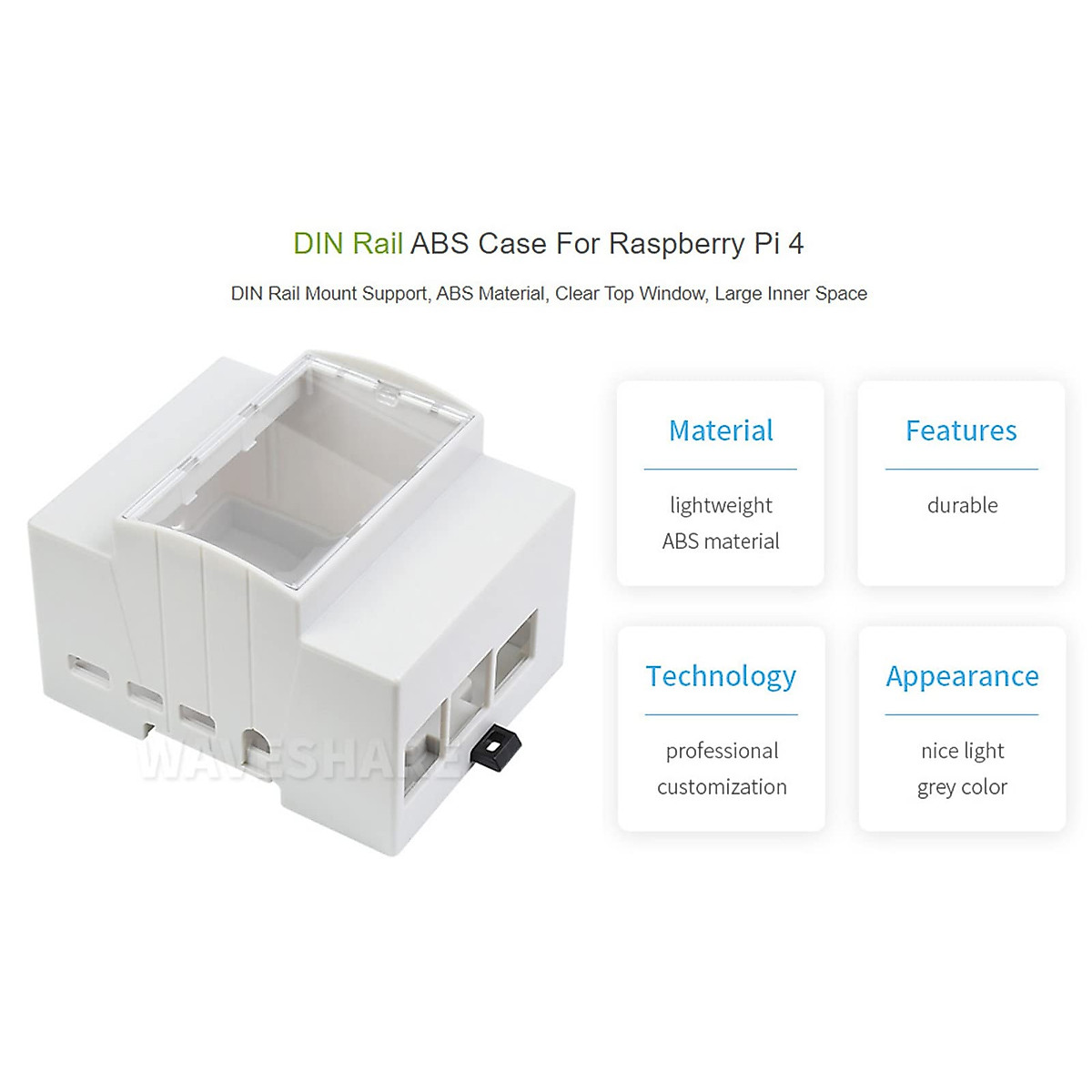 DIN Rail Case for Raspberry Pi 4, DIN Rail Mount Support, ABS Material, Clear Top Window, Large Inner Space Allows Accommodating an Extra Add-on Such as PoE HAT (D), RS485 CAN HAT etc. Easy to Use
