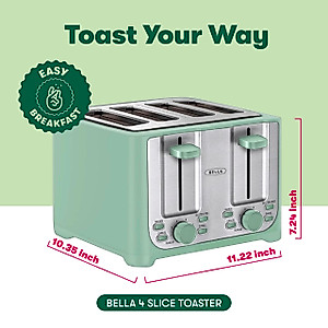 BELLA 4 Slice Toaster with Auto Shut Off - Extra Wide Slots & Removable Crumb Tray and Cancel, Defrost & Reheat Function - Toast Bread & Bagel, Sage