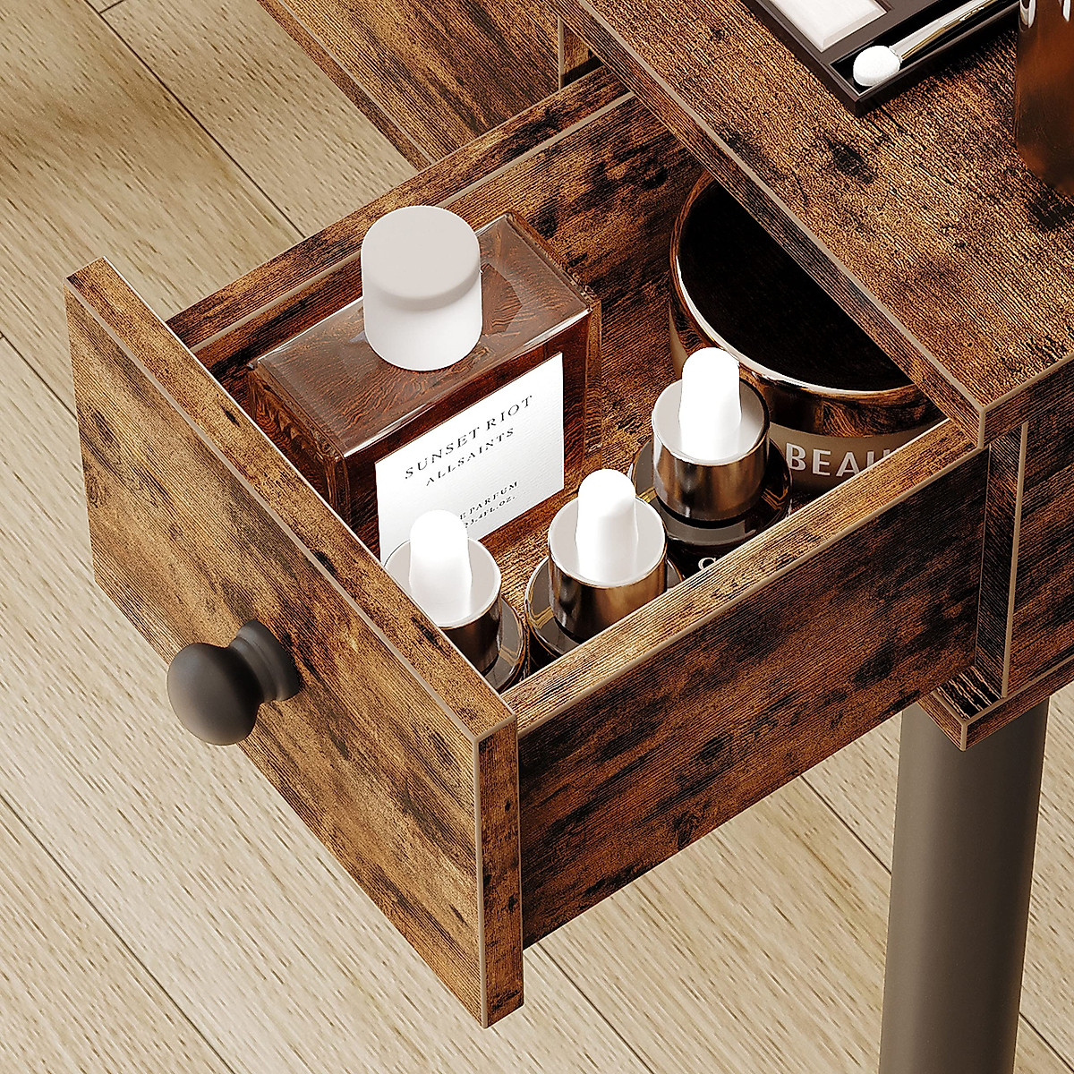 IRONCK Vanity Desk Set with LED Lighted Mirror & Power Outlet, Flip Top Makeup Vanity Table with Drawers & Cabinet,for Bedroom, Bathroom, Vintage Brown