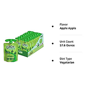 GoGo squeeZ Fruit on the Go, Apple Apple, 3.2 oz (Pack of 18), Unsweetened Fruit Snacks for Kids, Gluten Free, Nut and Dairy Free, Recloseable Cap, BPA Free Pouches