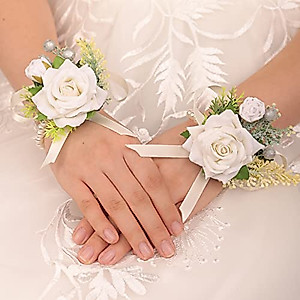 Kercisbeauty White Rose Flower Corsage Wristlet Pearl Bracelet for Wedding Bridesmaid and Flower Girls Handmade Ribbon Wrist Chain (White)