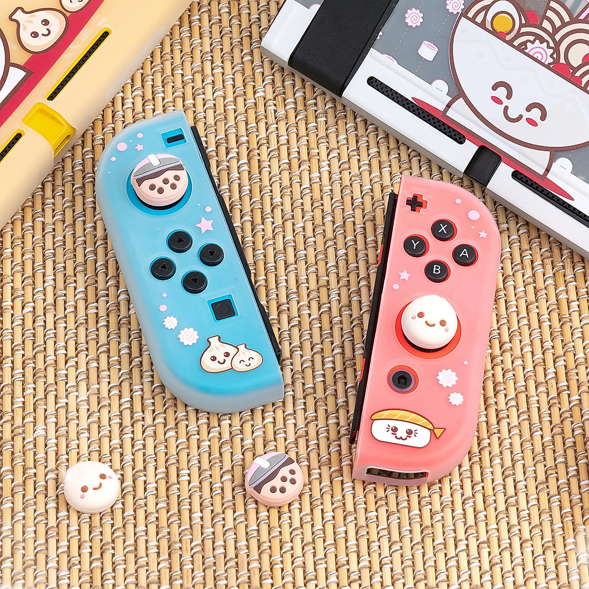 BelugaDesign Boba Dumpling Thumb Grips | Cute Food Pork Bun Face Bubble Tea | Kawaii Japanese Button Joystick Cap Cover | Compatible with Nintendo Switch Standard Lite OLED