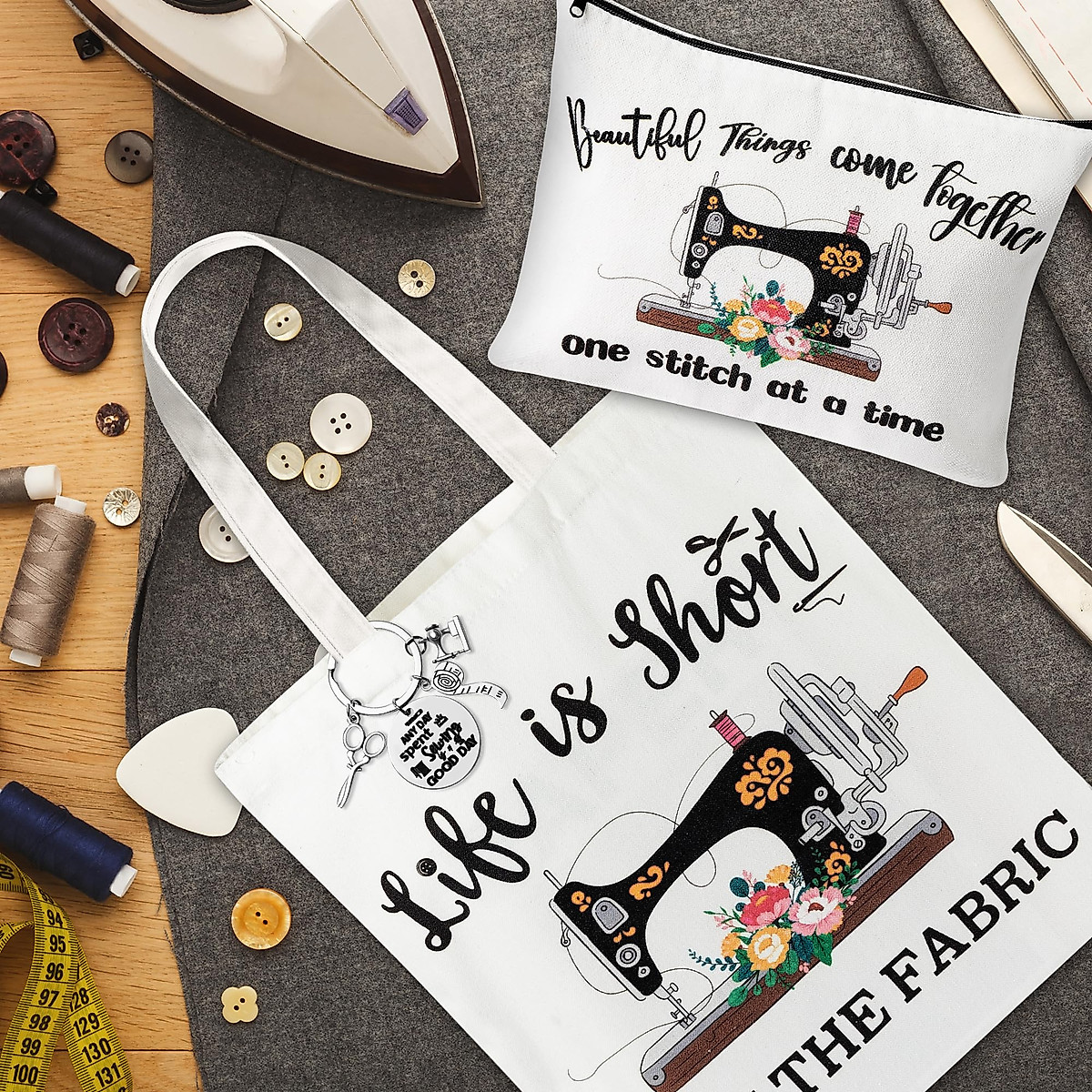 3Pcs Sewing Tote Bag Canvas Bag with Keychain, Funny Quilting Sewing Gifts for Seamstress Women Sewing Lovers Mom, Sewing Cosmetic Bag Organizer Makeup Pouch Sew Machine Themed Christmas Gift