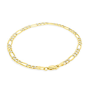 Nuragold 10k Yellow Gold Solid 5mm Figaro Chain Link Diamond Cut Pave Two Tone Bracelet, Mens Womens Jewelry 7" 7.5" 8" 8.5" 9"