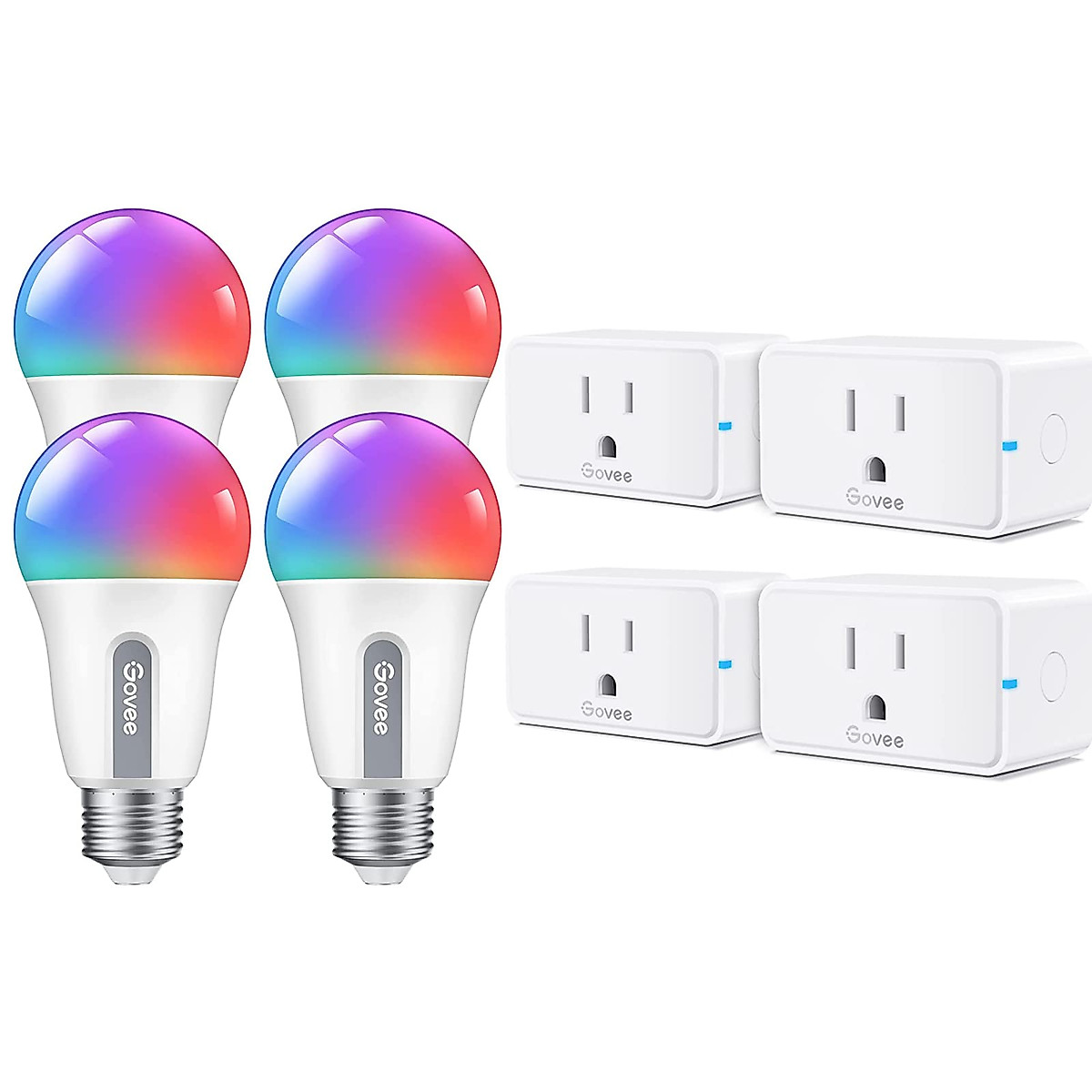 Govee Smart Plug, WiFi Bluetooth Outlets 4 Pack Bundle Smart Light Bulbs, WiFi Bluetooth Color Changing Light Bulbs Work with Alexa and Google Assistant