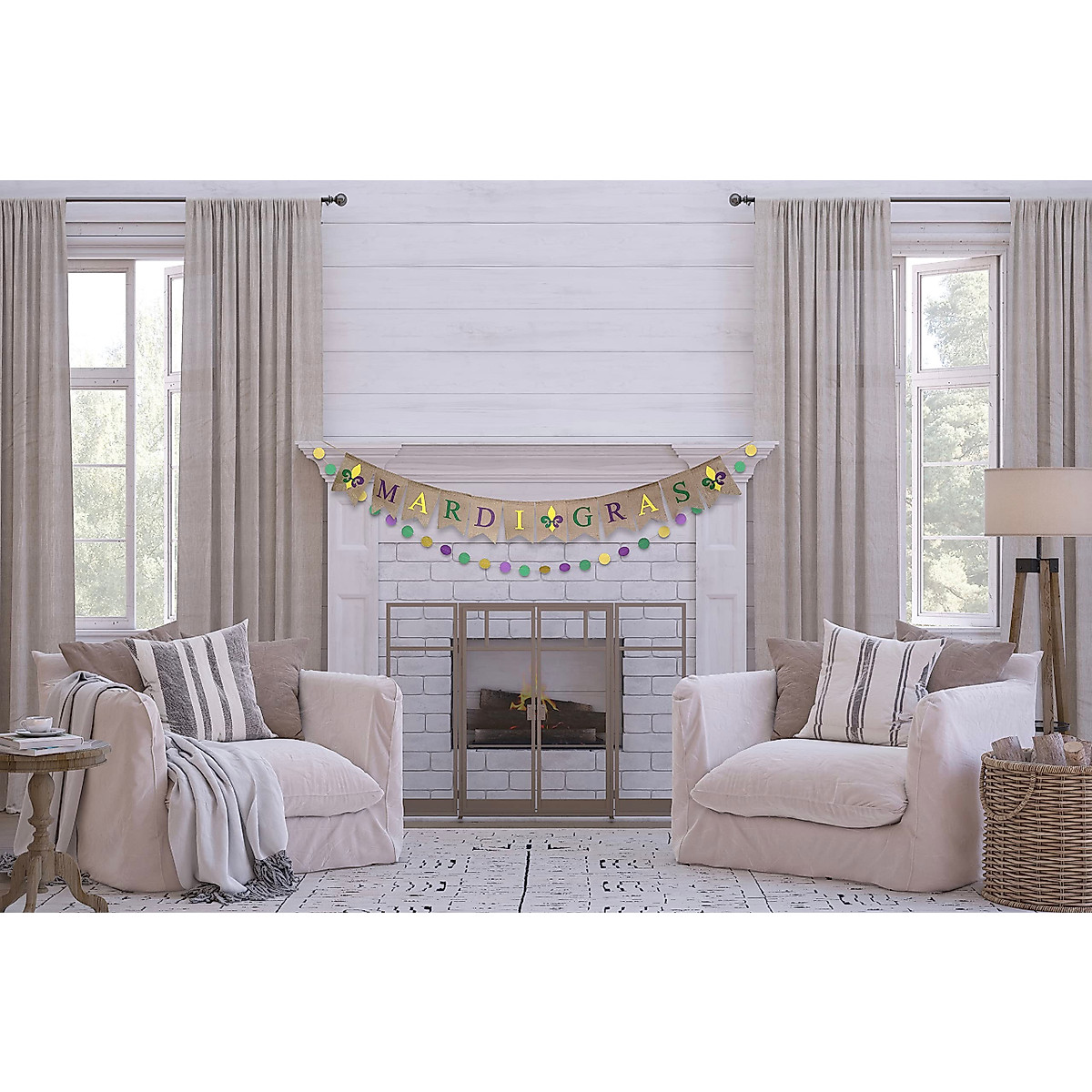 Mardi Gras Garland Burlap Banner - Fleur de Lis Mardi Gras Decorations - Mardi Gras Glitter Circle Dot Garland - Mardi Gras Party Decorations - Ready to Hang Mardi Gras Decor by Jolly Jon