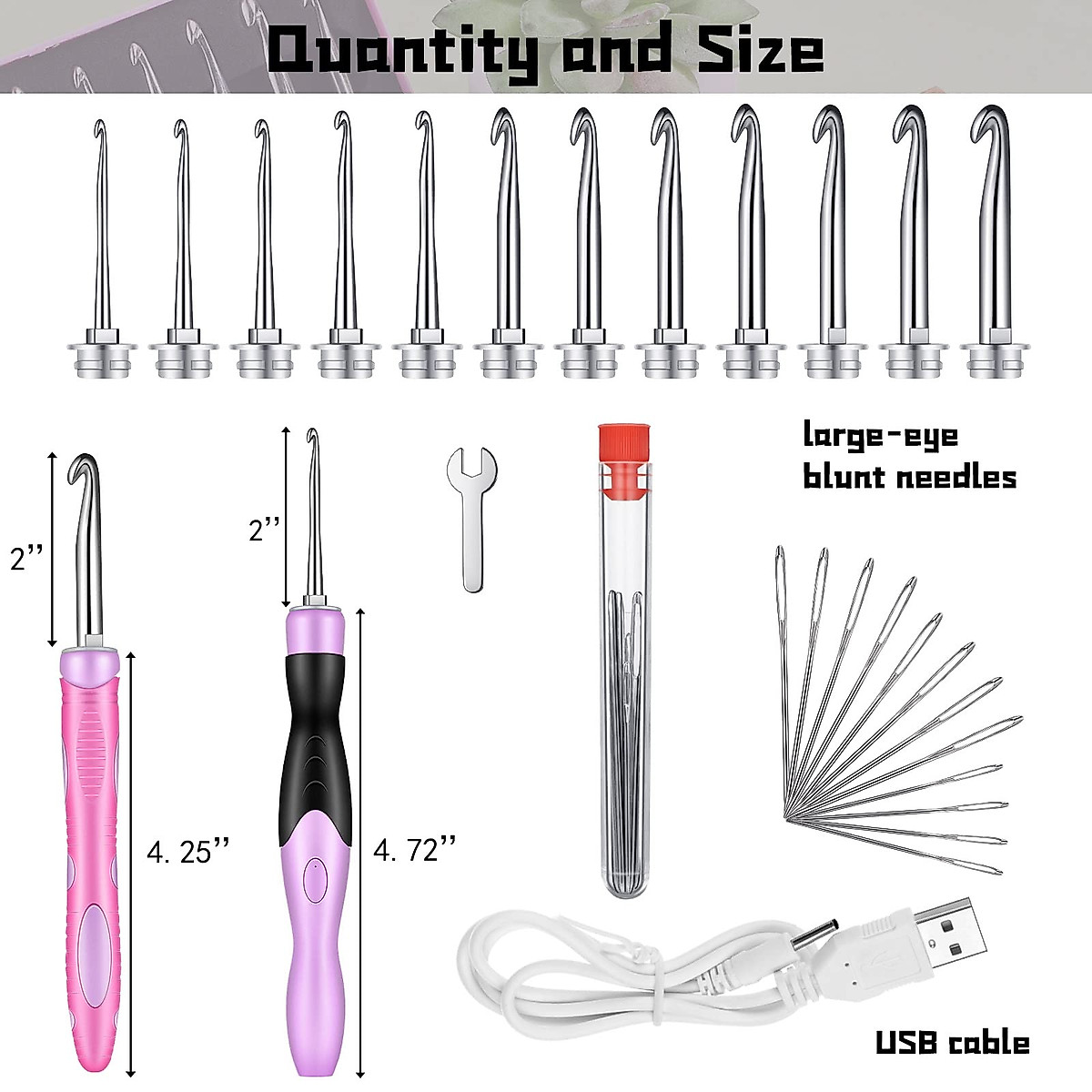Lighted Crochet Hooks Set USB Rechargeable Crochet Hook with Light Metal 2 mm to 8 mm 12 Size Interchangeable Heads Light Large Eye Blunt Needle with Case for DIY Craft Supplies Beginner Yarn Knitting