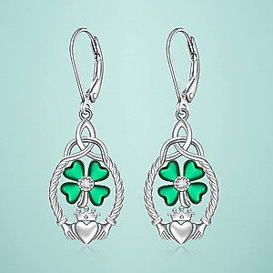 St Patricks Day Earrings Shamrock Earrings for Women Sterling Silver Four Leaf Clover Celtic Claddagh Green Irish Shamrock Dangle 4 Leaf Clover Jewelry Lucky Gifts