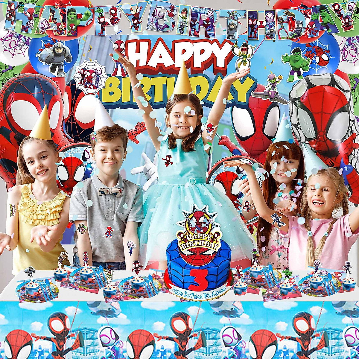 174 Pcs Amazing Friends Birthday Decorations, Include Banner, Backdrop, Balloons, Tablecloth, Spidey Plates, for Amazing Friends Theme Birthday Party Decorations (Serve 10 Guest)