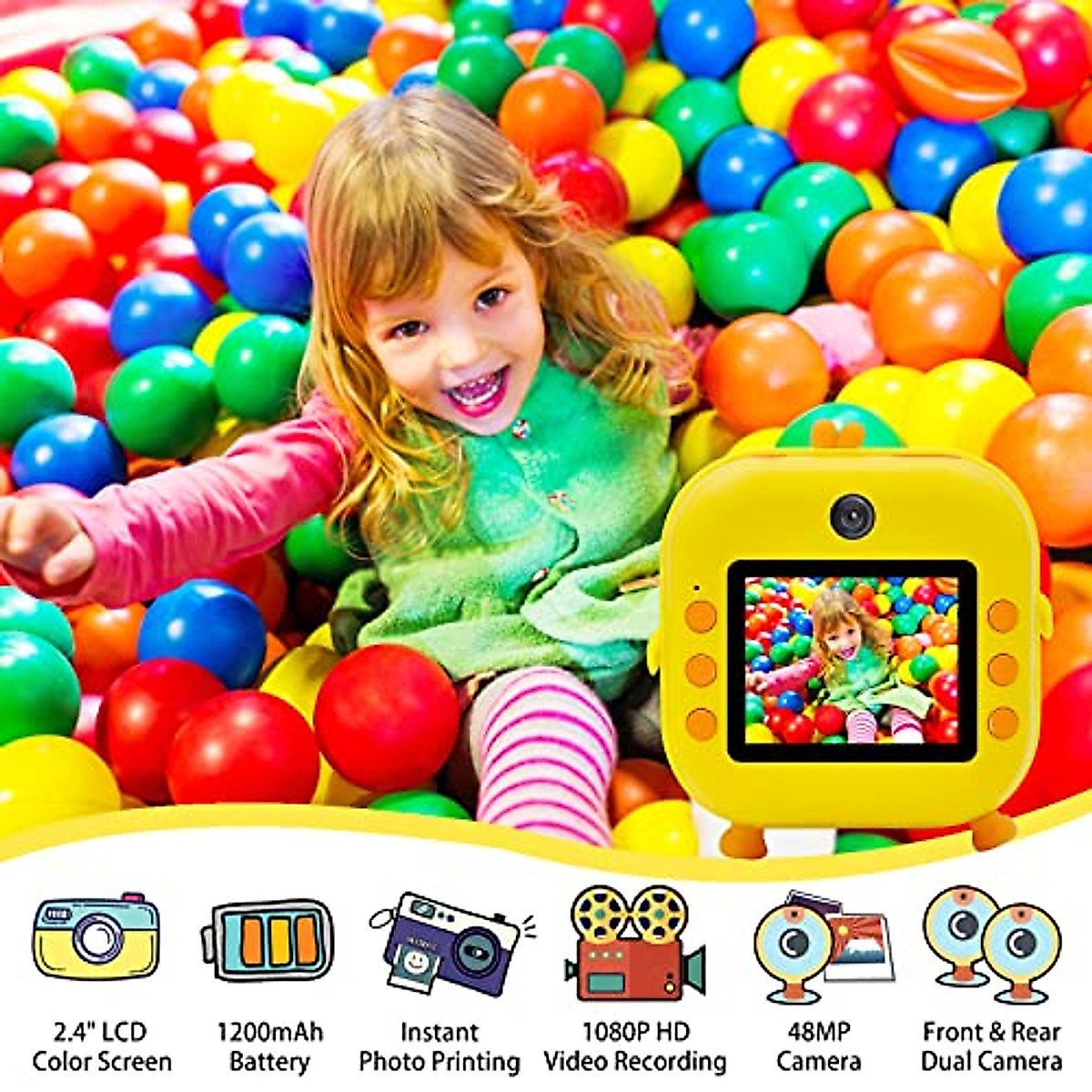 Instant Print Camera for Kids,Zero Ink Kids Camera with Print Paper,Selfie Video Digital Camera with HD 1080P 2.4 Inch Screen 3-14 Years Old Children Toy Learning Camera for Birthday,Chistmas-Yellow