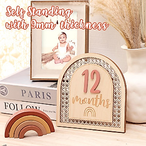 Huray Rayho Boho Rattan Monthly Photo Props Cards Wooden Bohemian Blocks Rainbow Interchangeable Photo Props with 11 Swappable Numbers Set of 12 for Baby Growth Record Baby Shower Plaques