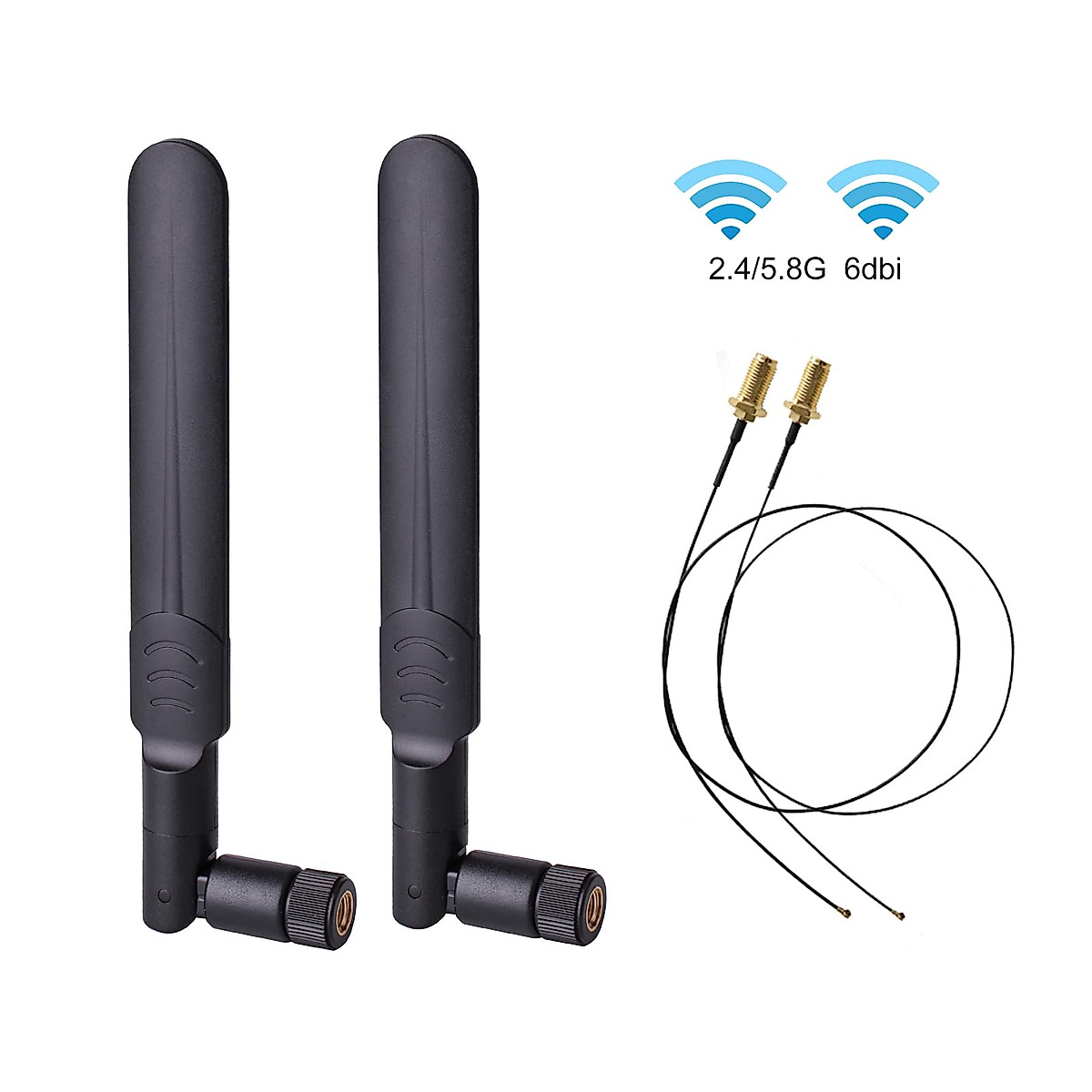 2 x 6dBi 2.4GHz 5GHz Dual Band WiFi RP-SMA Male Antenna+2 x 35CM RP-SMA IPEX MHF4 Pigtail Cable for M.2 NGFF WiFi WLAN Card