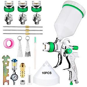 YUZES HVLP Spray Gun with 1.4/1.7/2.0mm Copper Nozzles, Automotive Paint Gun Set, Spray Paint Gun with Air Regulator and 10 PCS Paper Funnel, Paint Gun for Cars Primer, Furniture, DIY (Green)