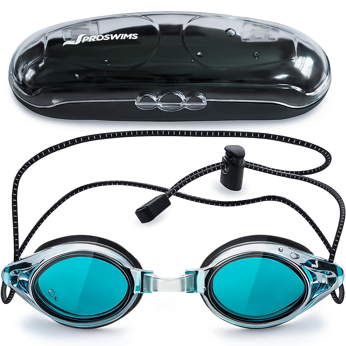 Proswims Anti-Fog Racing Swimming Goggles Blue Lens with Quick Adjustable Elastic Bungee Strap, Hard Case and Bonus Swim Goggles Microfiber Cleaning Cloth
