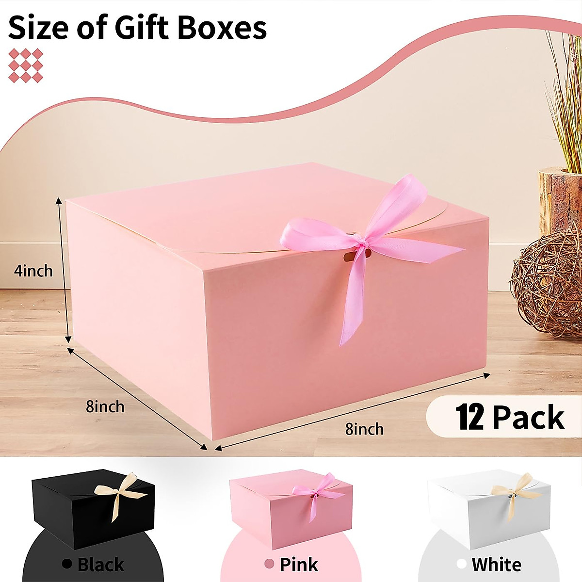 WLUSEAXI 12pack Gift Boxes with Lids,Pink Gift Boxes Bulk with Bow Ribbon,Bridesmaid Proposal Box for Presents Kraft Paper Gift Boxes for Wedding,Christmas,Halloween,Baby Shower
