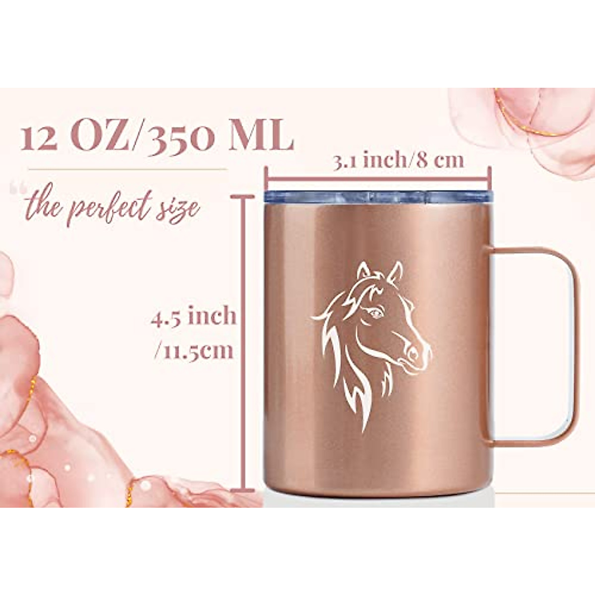 Onebttl Horse Gifts for Girls, Women, Horse Lovers, Insulated Stainless Steel Coffee Mug with Lid and Handle, Equestrians, Cowgirls Gifts for Birthday, Christmas, 12 oz, Rose Gold