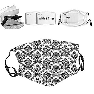 SARNFANS Pattern Adult Reusable Face Mask,Classic Curly Flowers Art,5-Ply Breathable Safety Unisex Adults Fashion Facial Face Masks for Women Men,White Black