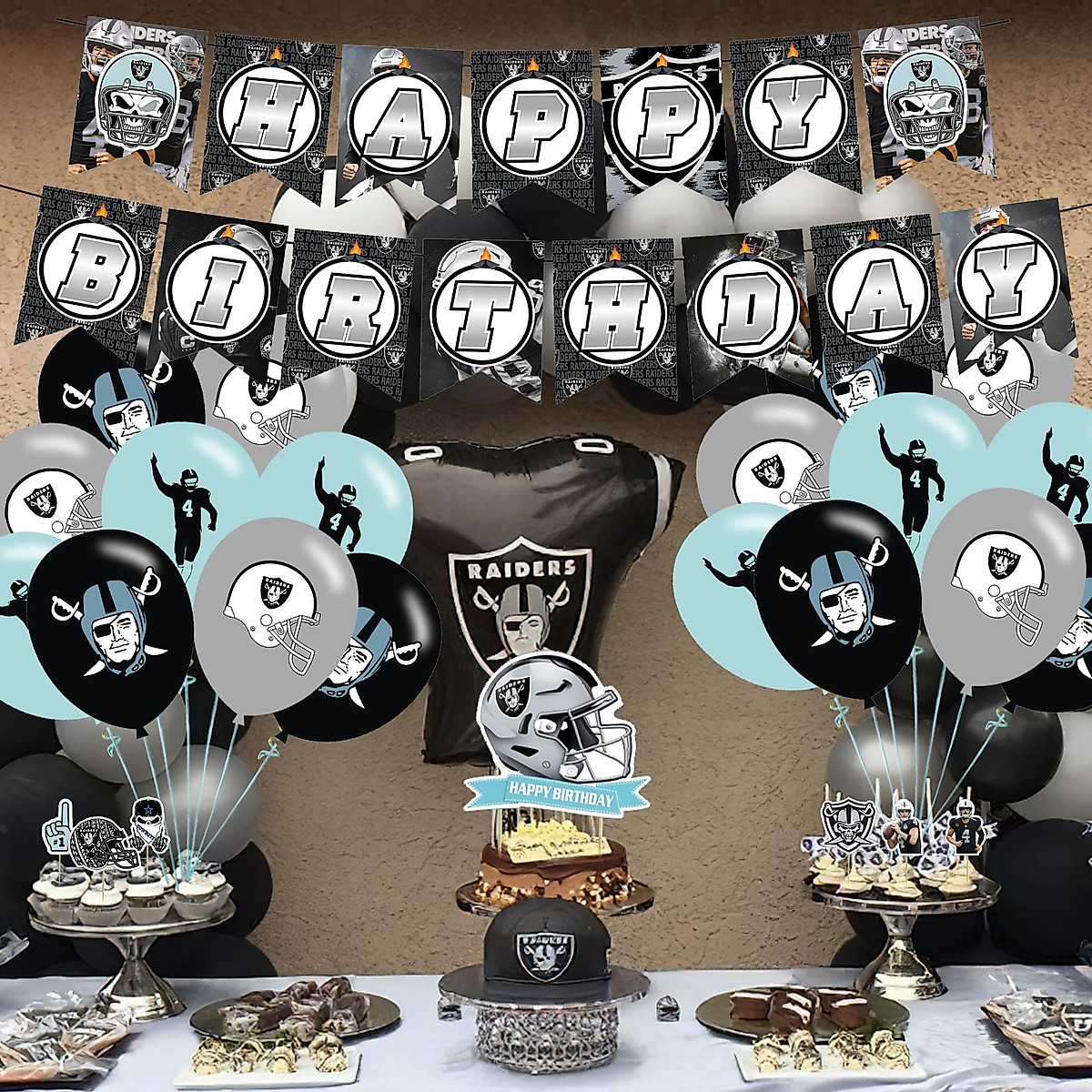 KOOMEE 32 Pcs Raiders Party Supplies, Rugby Theme Party Supply Set for Kids with 1 Happy Birthday Banner Garland, Cake Topper,12 Cupcake Toppers, 18 Balloons for Football Rugby Fans Party Decorations