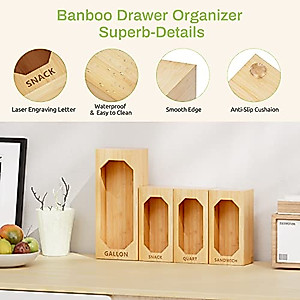 Cutelove Ziplock Bag Storage Organizer - Bamboo Drawer Organizer for Kitchen Drawer, Suitable for Ziplock, Plastic, Sandwich, Gallon, Quart, Variety Size Baggie, Pack of 4