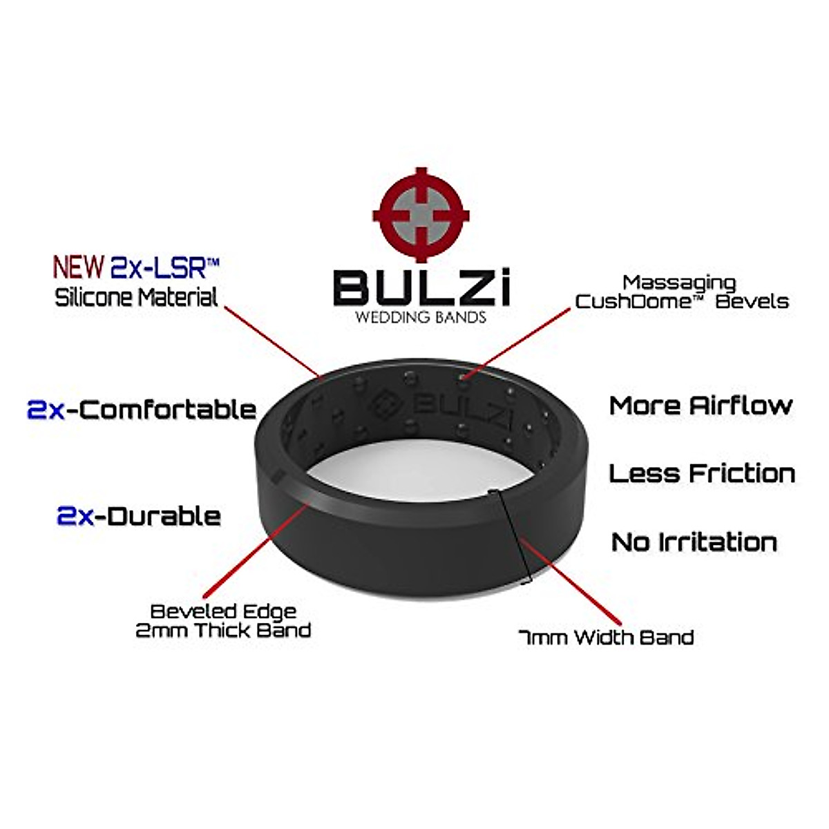 BULZi Wedding Bands, Massaging Comfort Fit Premium Silicone Ring with Airflow, Beveled Edge Design, Men’s and Women’s Rings, Breathable Flexible Work Safety (Black Beveled Size 10)