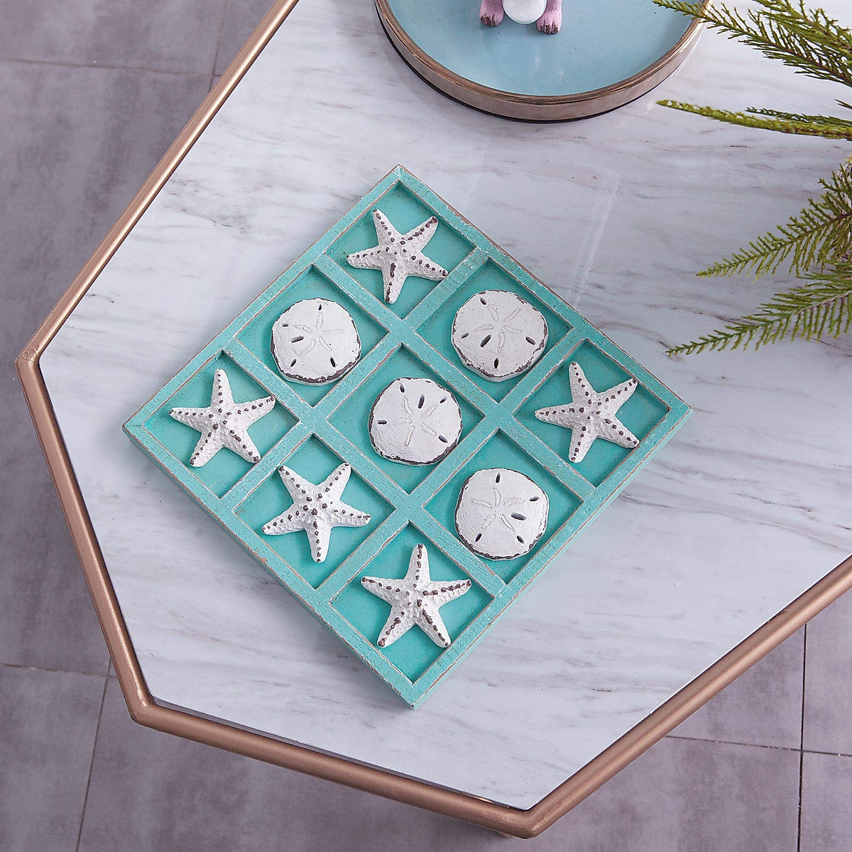 NIKKY HOME Beach Tic Tac Toe for Fun Starfish Sand Dollar Coastal House Coffee Table Decor Wood Board Travel Game, 8.98 x 8.98 x 1.18 inch, Teal