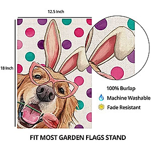 Easter Dog Garden Flag for Outdoor 12x18 Double Sided,Golden Retriever with Flowers Bunny Ears Dots Small Yard Flag,Seasonal Decors for Spring Outside Farmhouse Holiday