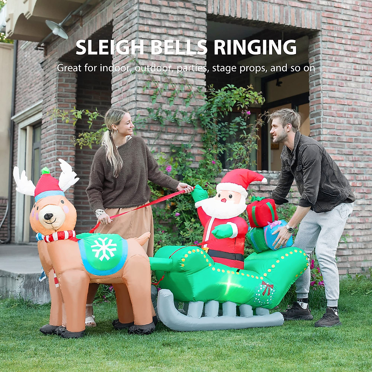 VIVOHOME 6.9ft Long Christmas Inflatable LED Lighted Santa on Green Sleigh with Reindeers and Gift Boxes Blow up Outdoor Yard Decoration