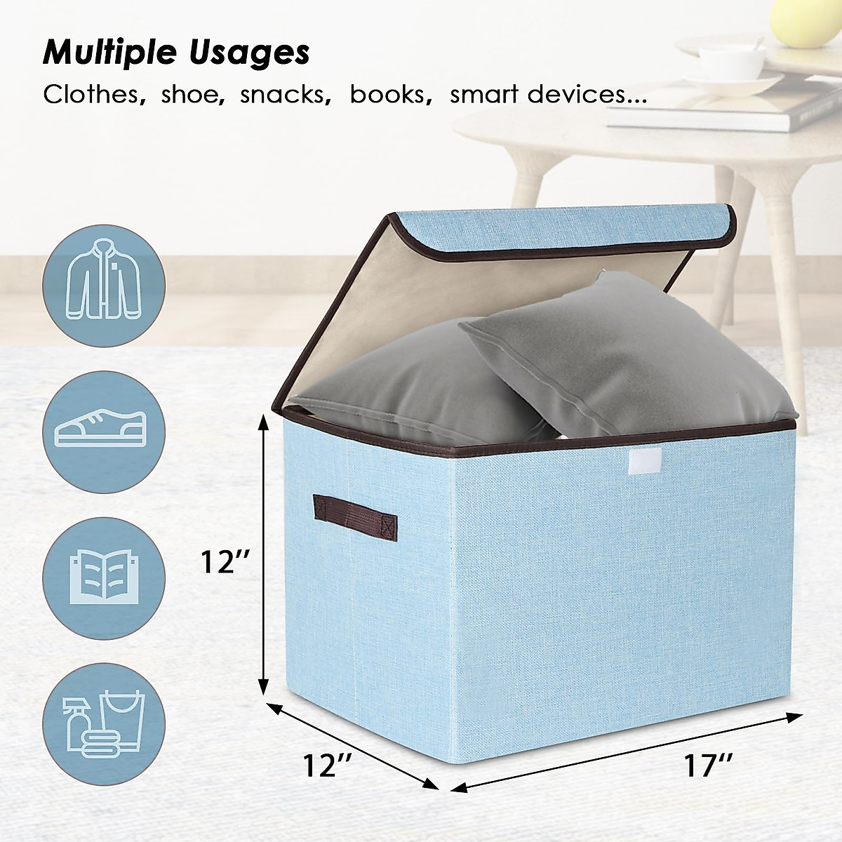 Univivi Fabric Foldable Storage Boxes Large Collapsible Stackable Storage Bins with Lids, Closet Organizers and Storage Cube Basket for Home, Office, Bedroom (17''-4 Pack-BLUE)