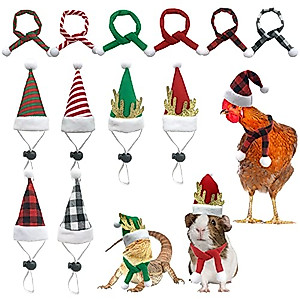 ShuRung 12Pcs Christmas Pet Chicken Hat Scarf Small Animal Xmas Santa Mini Chick Guinea Pig Bunny Hats with Adjustable Chin Strap for Duck Hamster Chinchilla Pets, Green,Black