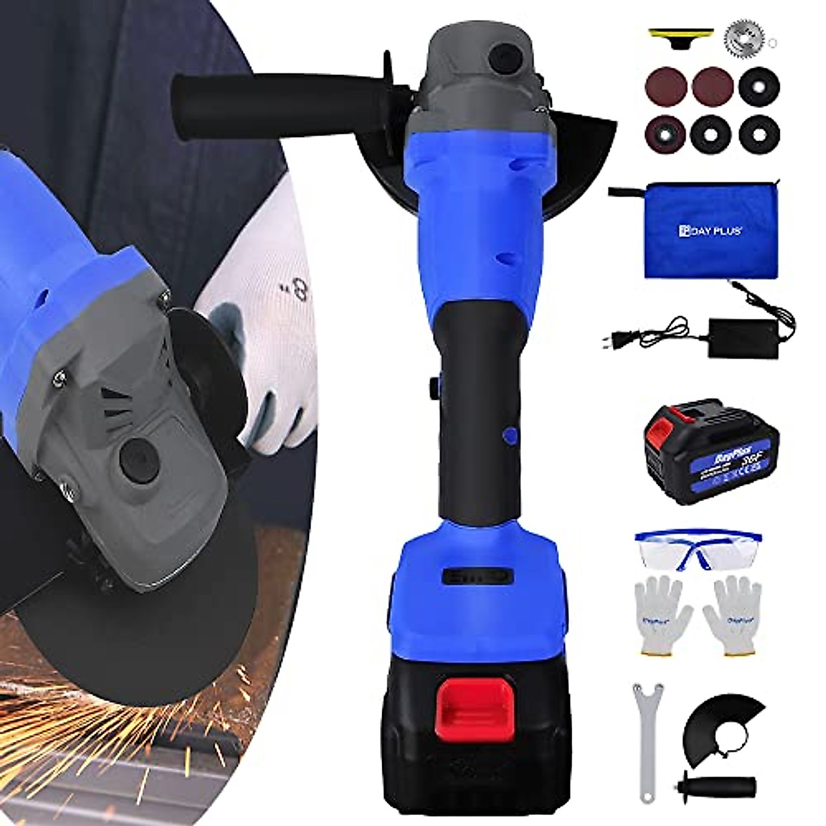 Brushless Electric Angle Grinder with 3.0Ah Battery and Fast Charger, 2-Position Auxiliary Handle Power Angle Grinder, Brushless Grinder Tool with Safety Guard, for Cutting and Grinding