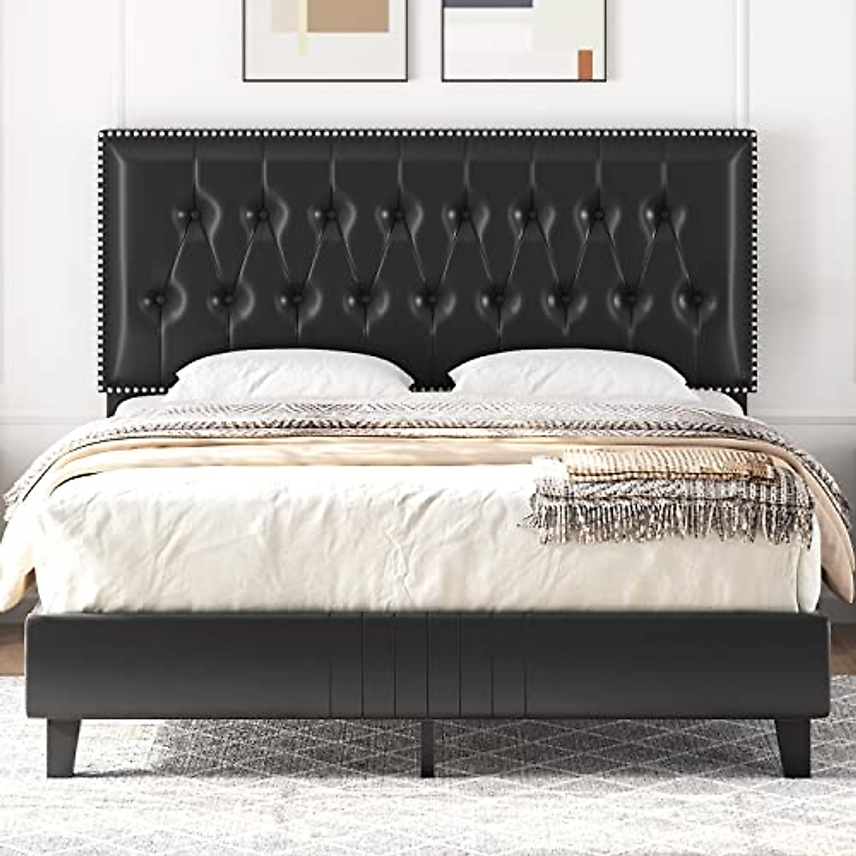 Yaheetech Full Bed Frame Faux Leather Upholstered Platform Bed with Height-Adjustable Headboard, Button Tufting & Nailhead Trim/Noise-Free/Wood Slats Support/No Box Spring Needed, Black Full Bed