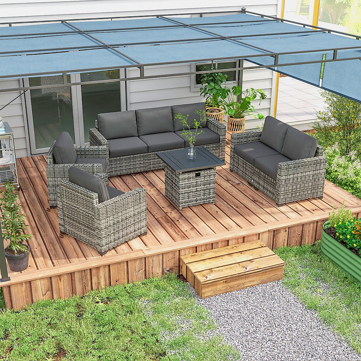 Outsunny 5 Piece Patio Furniture Set with Cushions, Outdoor PE Rattan Wicker Conversation Sofa Set with 30" Fire Pit Coffee Table, Dark Gray